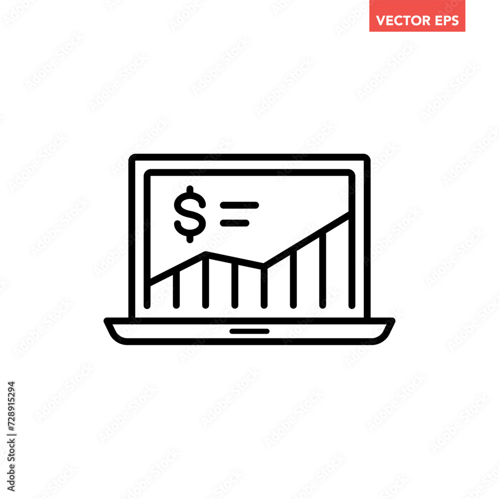 Black single financial analysis on laptop line icon, simple outline ...