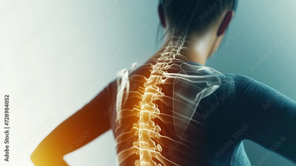 X-ray Illustration on blurred background, sick curved spine scoliosis ...