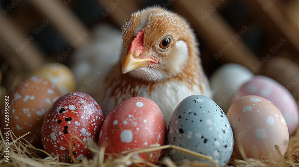 Un poussin roux au milieu des oeufs de pâques en sucre coloré ...