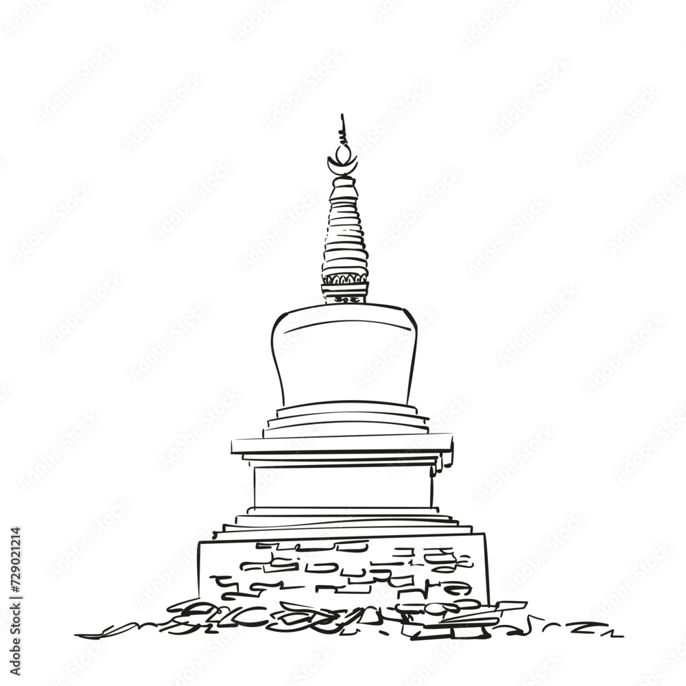 Tibetan Buddhist stupa, hand drawn vector illustration, religious ...