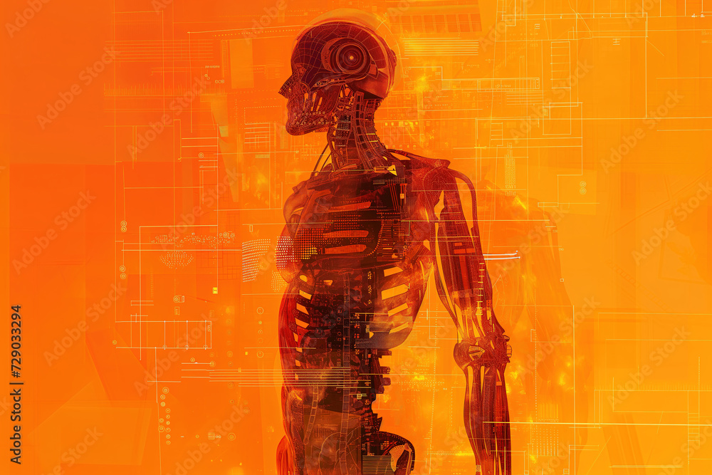 Human body silhouette with robotic elements, captured with detailed ...