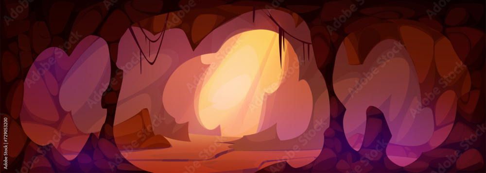 Prehistoric cave with stone walls. Game mysterious mine dungeon or ...