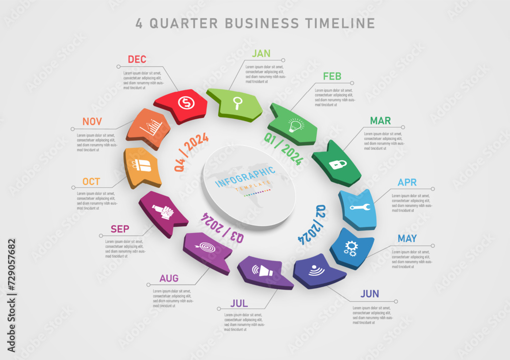 3D business timeline infographic 4 quarter circles divided into multi ...