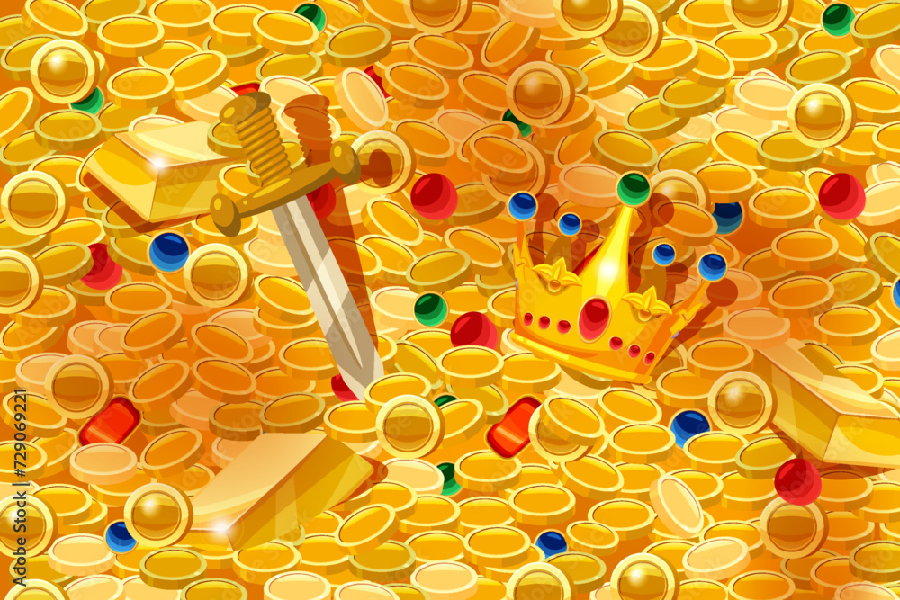 Gold coin background, pile of gold coins, ancient artifacts crown sword ...