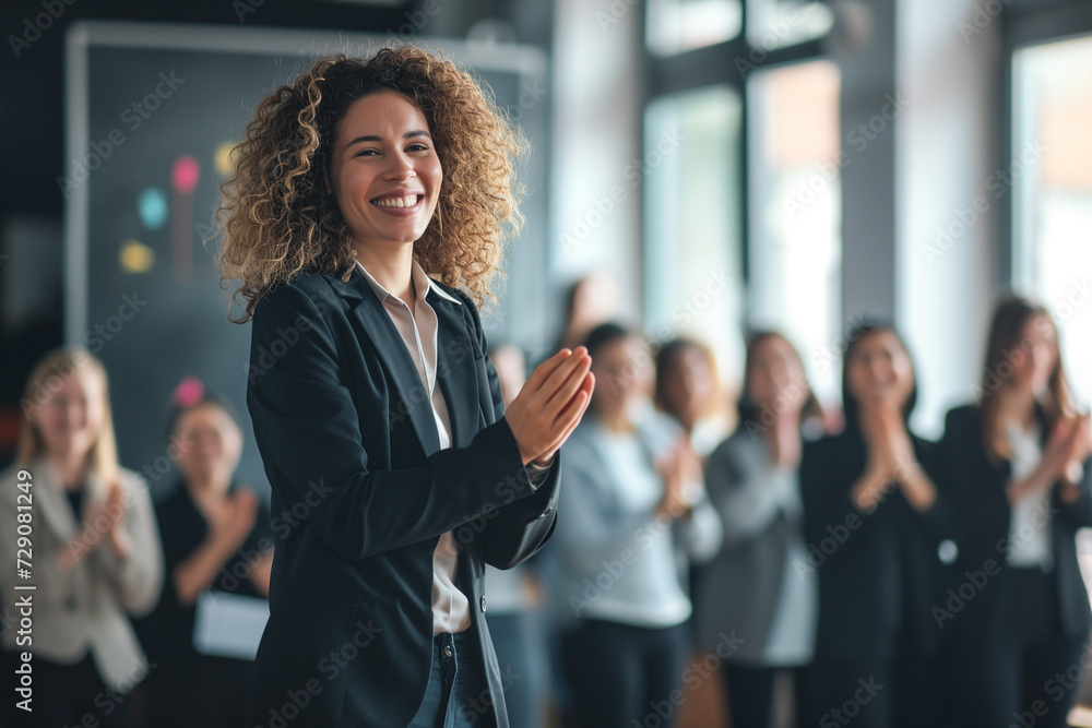 Employee recognition with colleagues applauding and celebrating a ...