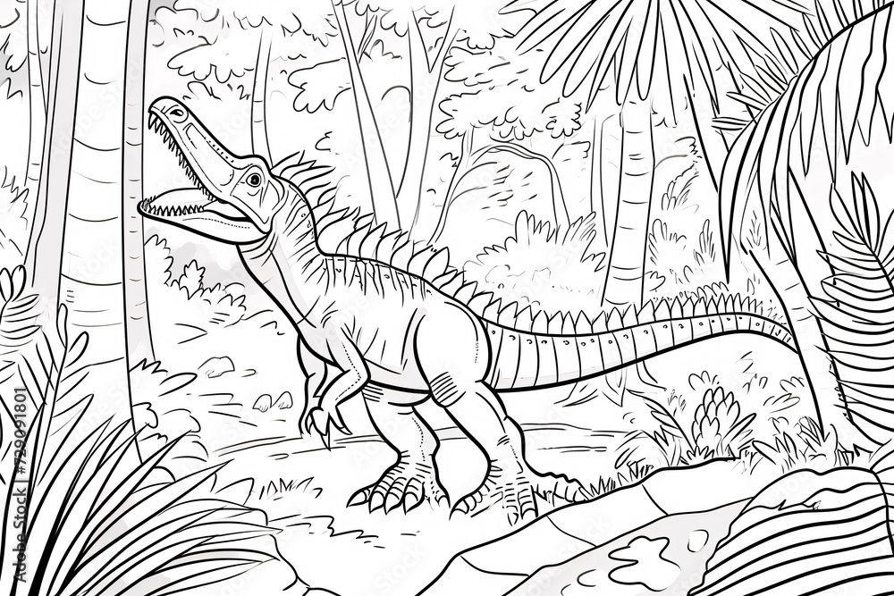 Spinosaurus Dinosaur Black White Linear Doodles Line Art Coloring Page ...