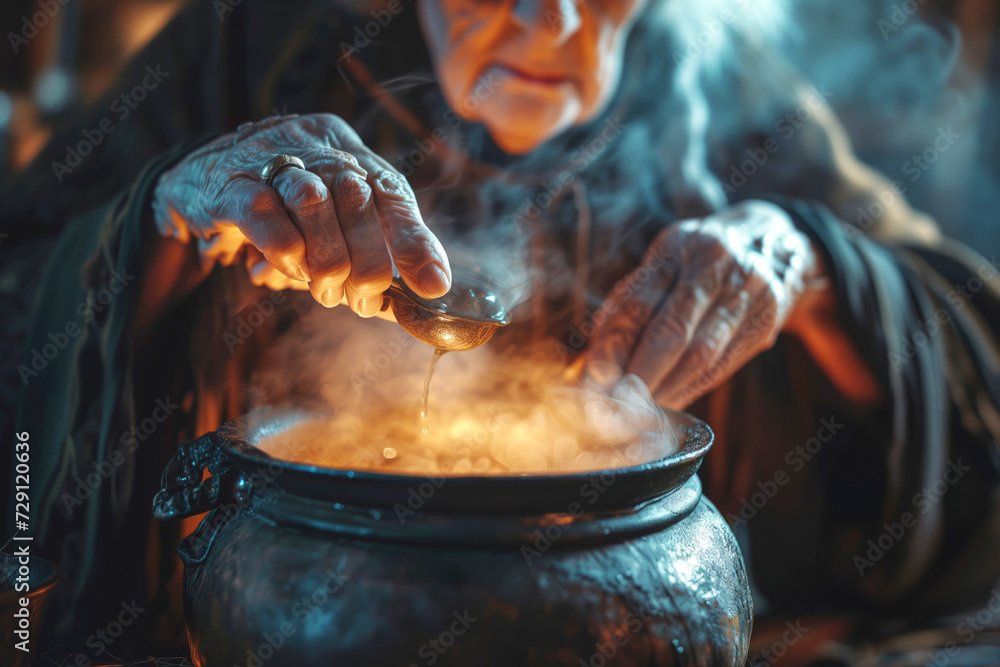 Elderly witch adds liquid from wooden spoon to boiling cauldron making ...