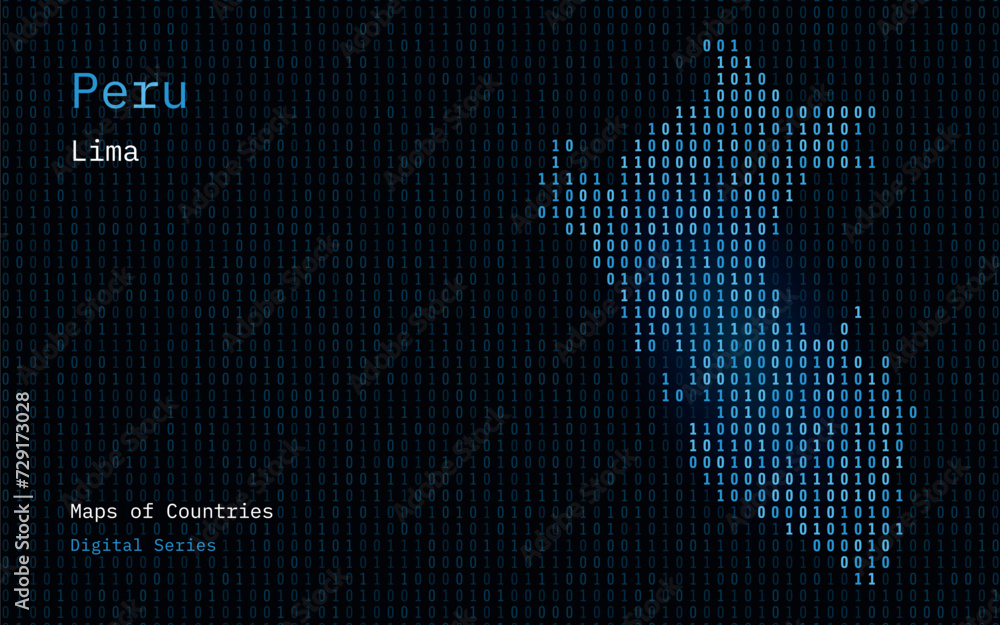 Peru Map Shown in Binary Code Pattern. TSMC. Blue Matrix numbers, zero, one. World Countries ...