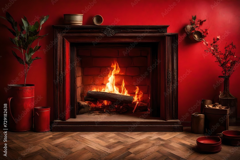 interior of there room with red background in the fire background with ...