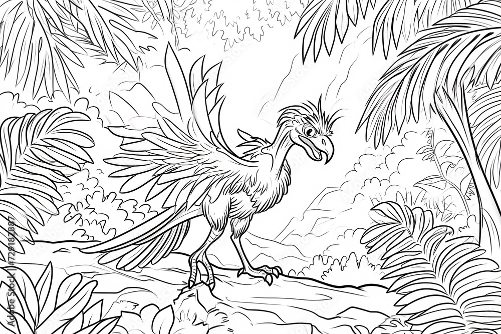 Microraptor Dinosaur Black White Linear Doodles Line Art Coloring Page ...