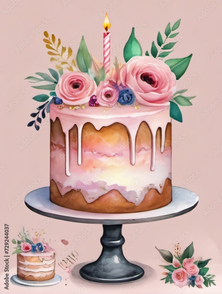 Photo Of Boho Cake Clipart, Watercolor Birthday Cake Set, Dessert ...