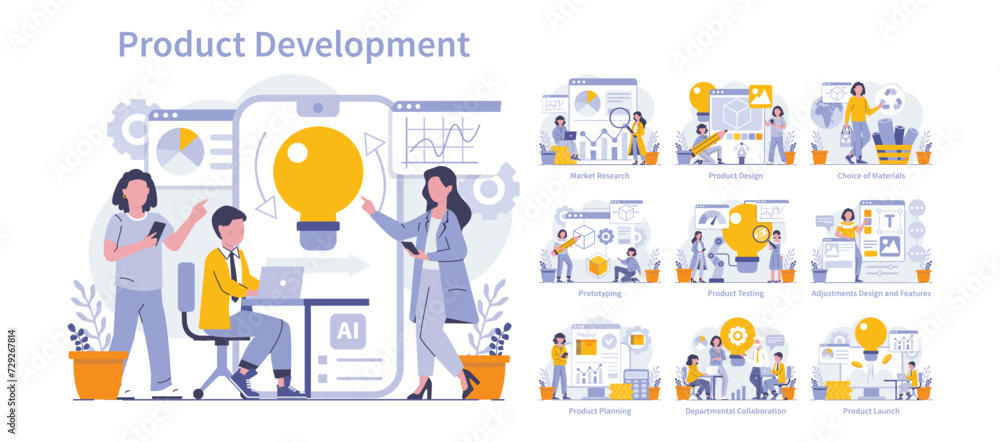Product development set. Stages from idea to market in detailed scenes. Teamwork in innovation ...