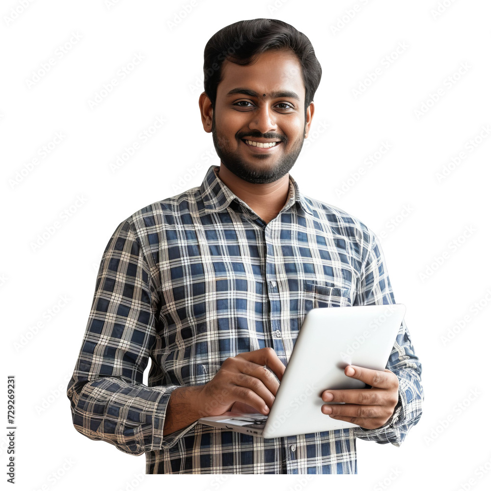 Smiling indian man user, student or employee standing holding laptop ...