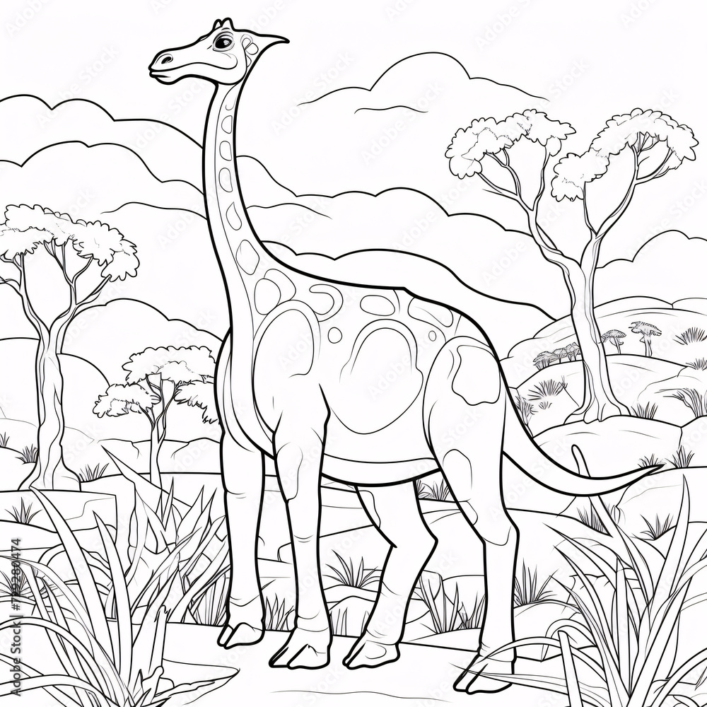 Brachiosaurus Dinosaur Black White Linear Doodles Line Art Coloring ...