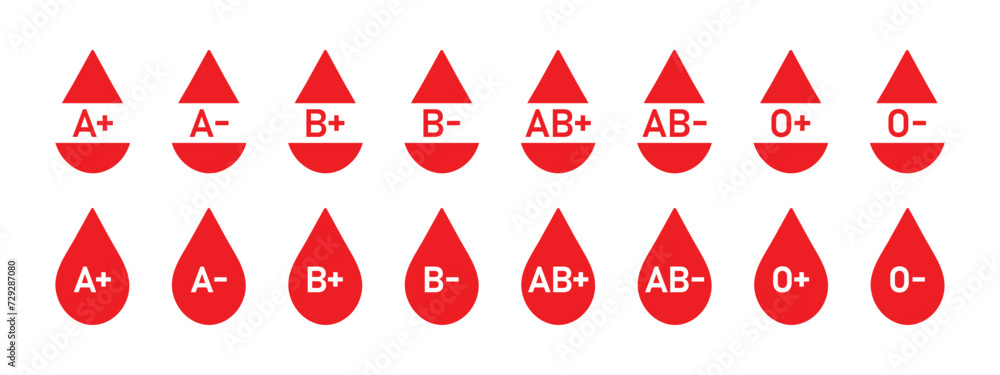 red blood type icon set, group of blood drop symbols with O, A, B, AB ...