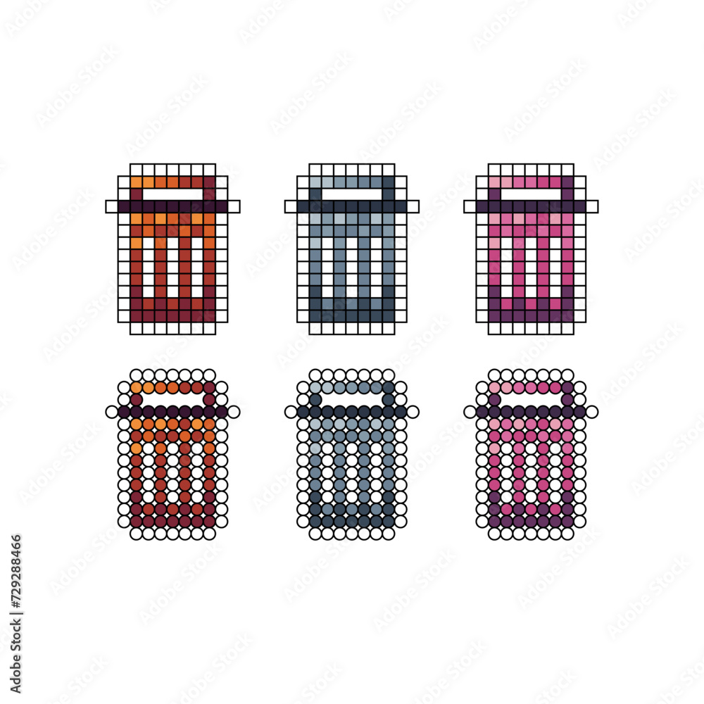 Pixel art outline sets icons of recycle bin sign variations in color ...