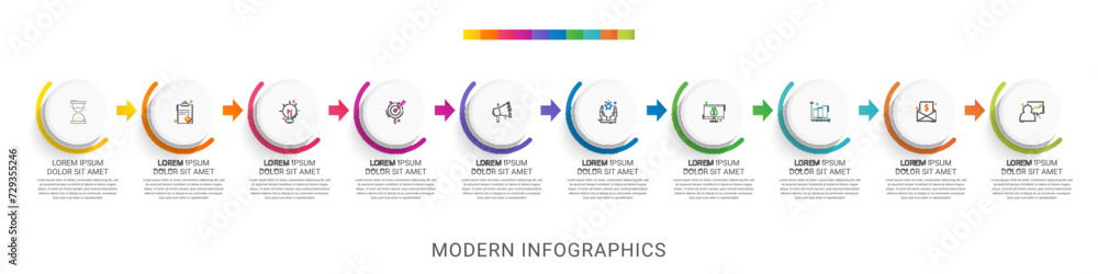 Business vector infographics with ten circles and arrows. Timeline ...