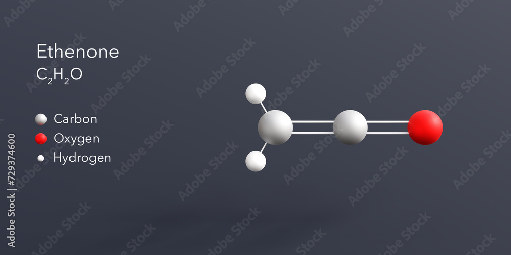 ethenone molecule 3d rendering, flat molecular structure with chemical ...