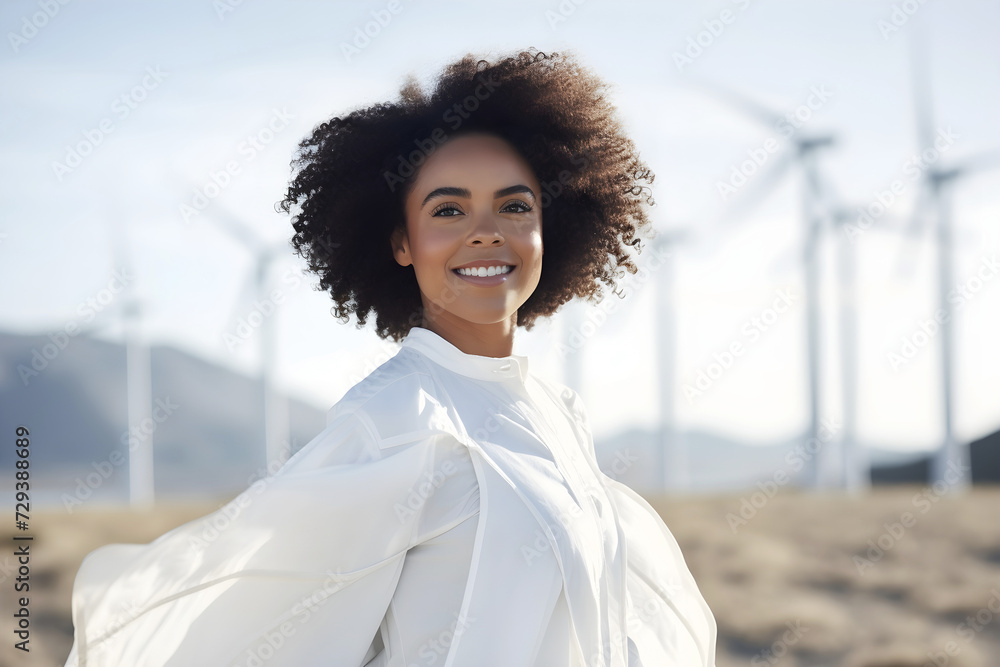 Radiant woman in a flowing white dress, surrounded by windmills ...