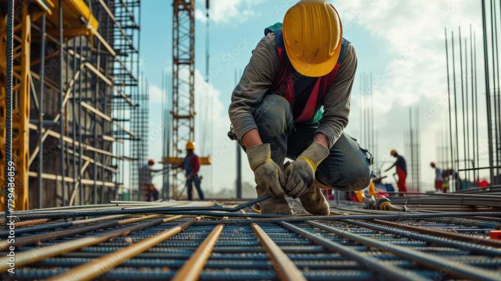 Construction workers are tying structural steel in the construction ...