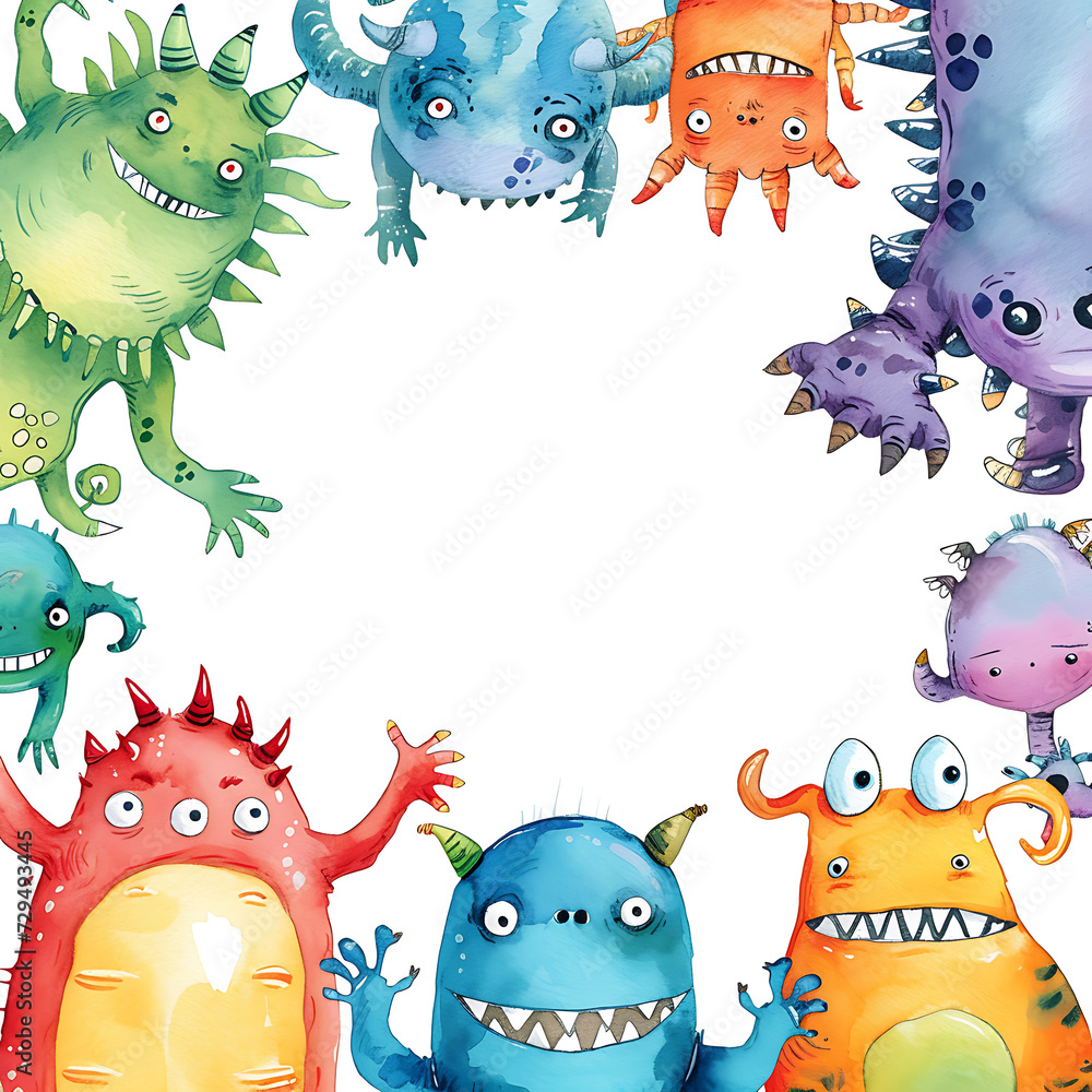 Cute cartoon monsters frame border on background in watercolor style ...