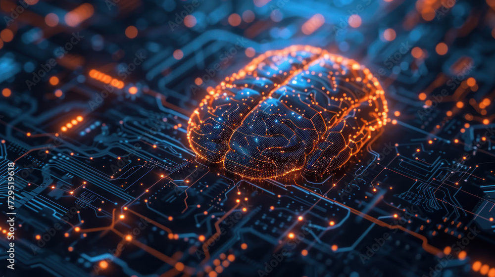 Digital illustration of a glowing neural network brain concept on a ...