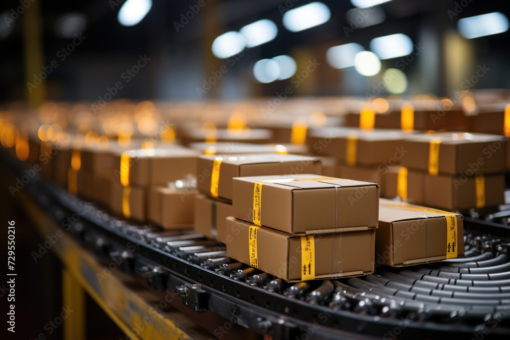 Warehouse Automation: Boxes Travel Along a Conveyor Belt, Exemplifying ...