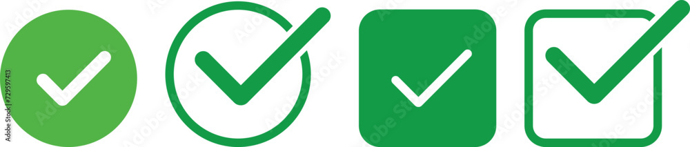 Green tick icons collection. Flat round check mark green icon, button ...