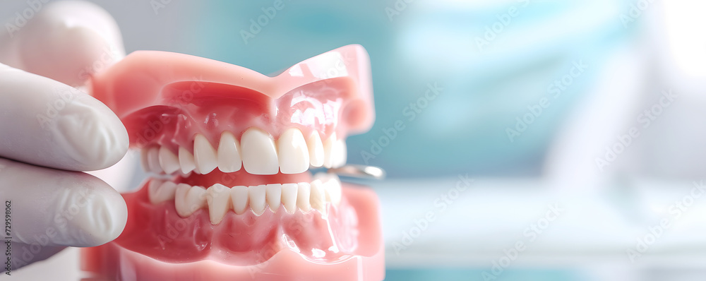 Dentist holds human teeth plastic model in clinic closeup. Healthy jaw ...