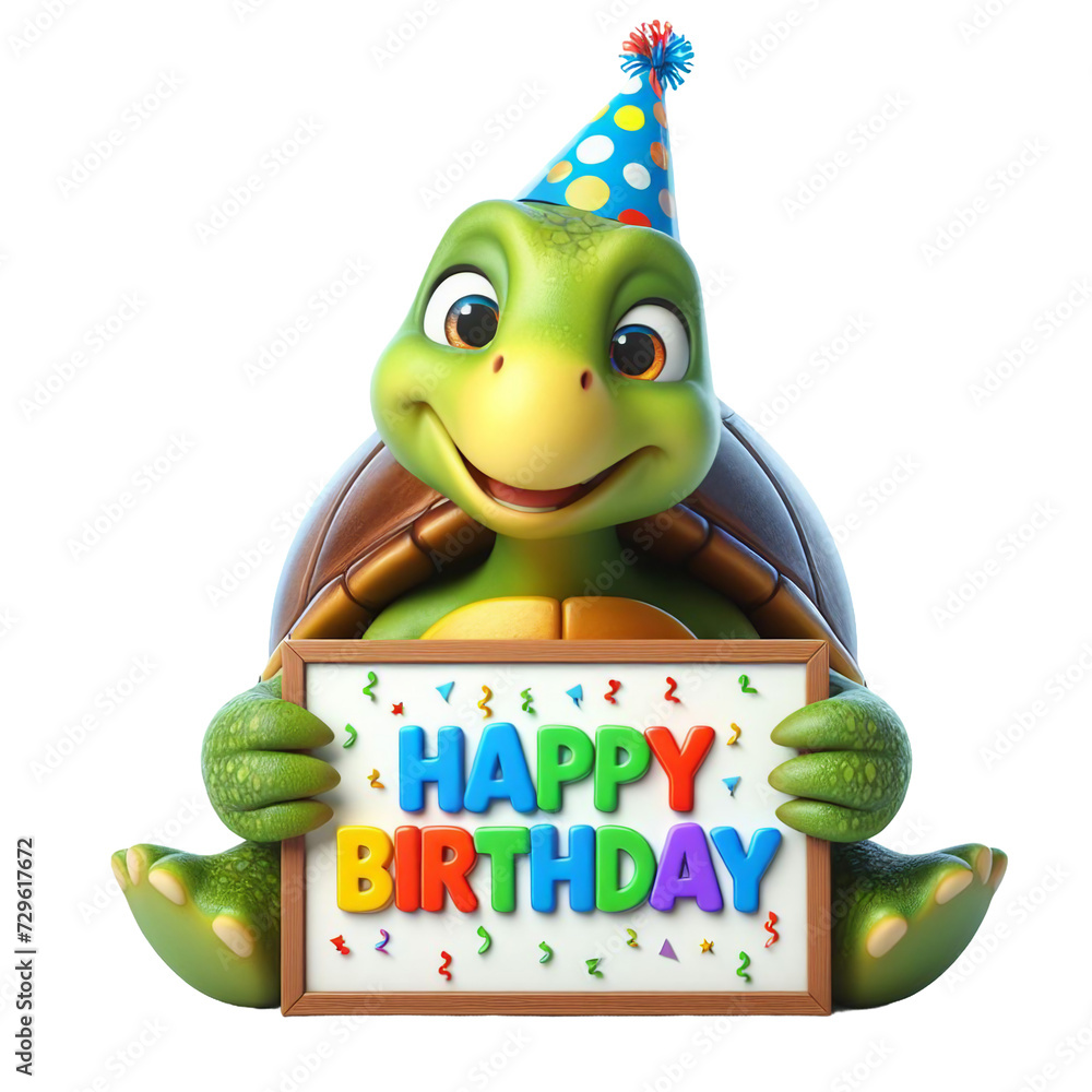 Cute Animal 3D Turtle Holding 'Happy Birthday' Board and Wearing Party ...