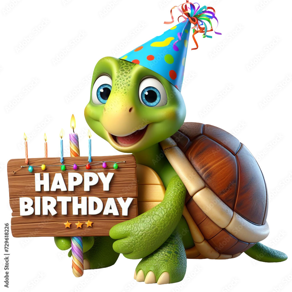 Cute Animal 3D Turtle Holding 'Happy Birthday' Board and Wearing Party ...