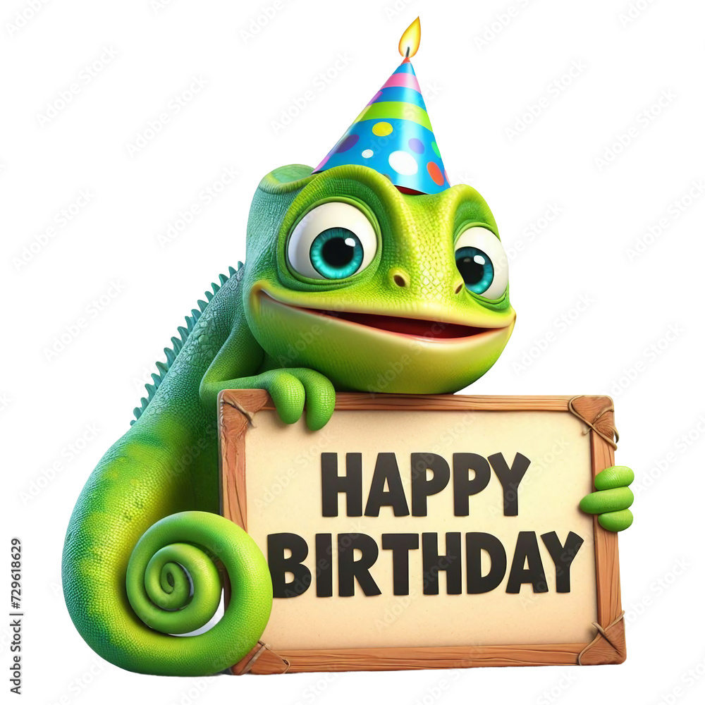Cute Animal 3D Chameleon Holding 'Happy Birthday' Board and Wearing ...