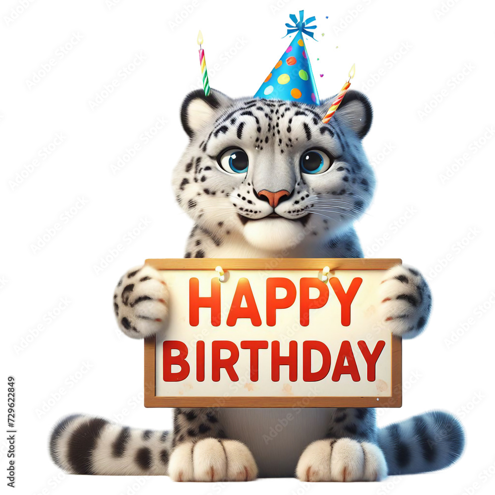 Cute Animal 3D Snow Leopard Holding 'Happy Birthday' Board and Wearing ...