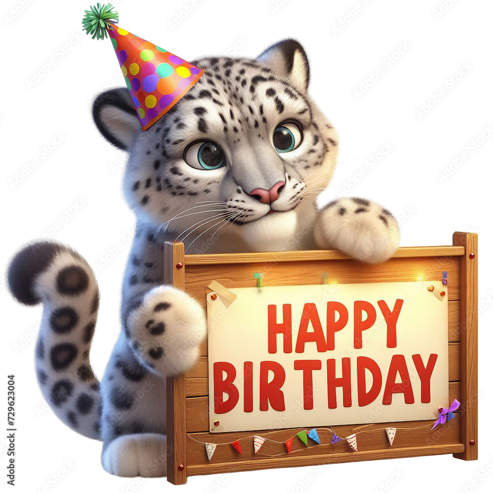 Cute Animal 3D Snow Leopard Holding 'Happy Birthday' Board and Wearing ...