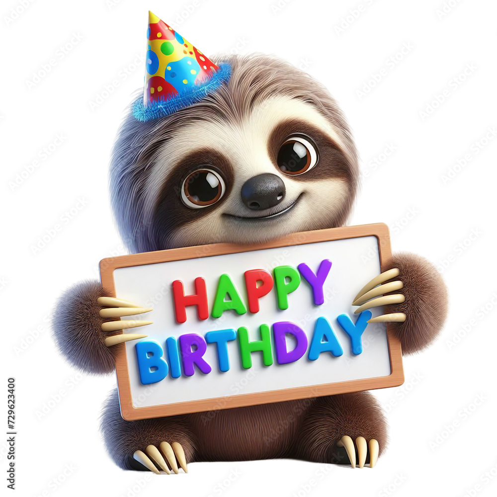 Cute Animal 3D Sloth Holding 'Happy Birthday' Board and Wearing Party ...