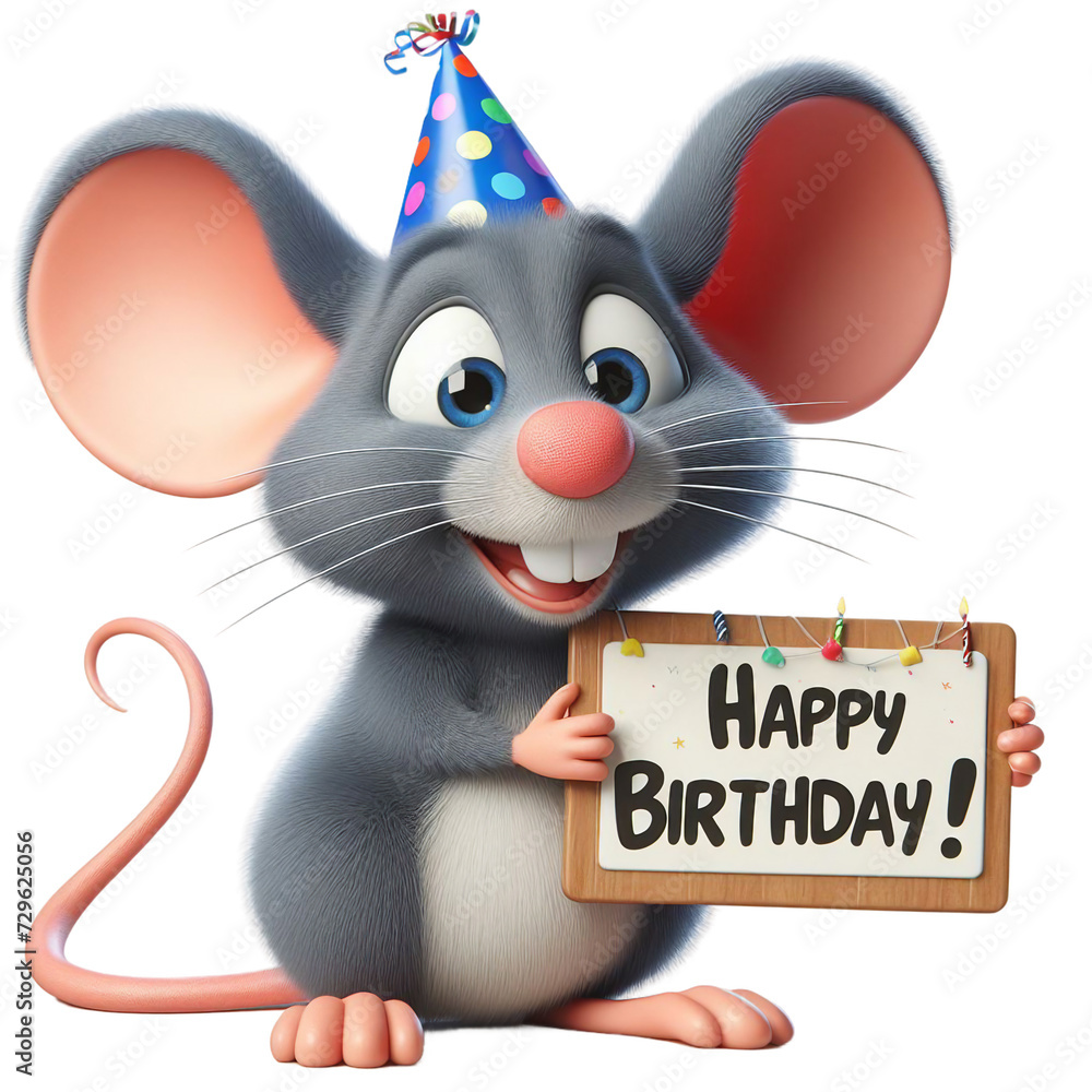 Cute Animal 3D Mouse Holding 'Happy Birthday' Board and Wearing Party ...