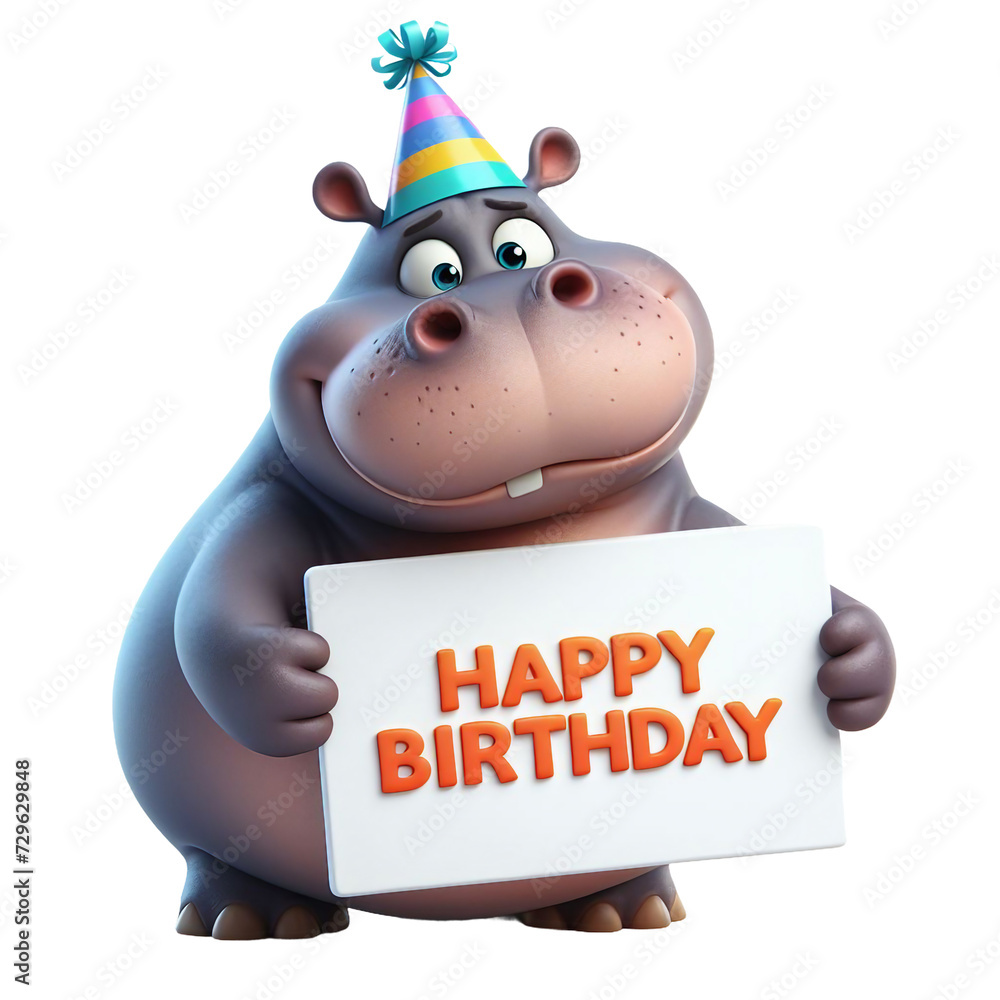 Cute Animal 3D Hippo Holding 'Happy Birthday' Board and Wearing Party ...