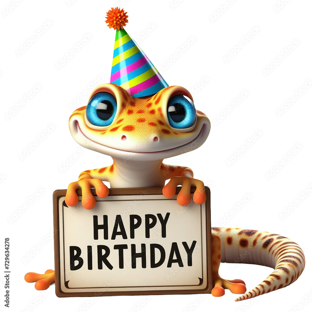 Cute Animal 3D Gecko Holding 'Happy Birthday' Board and Wearing Party ...
