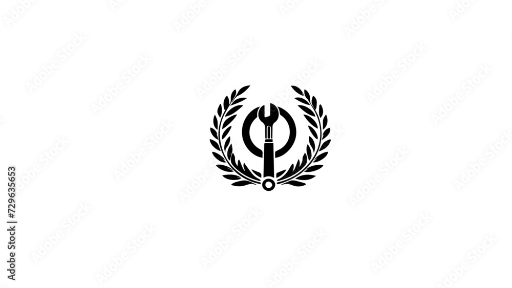 Wrench logo with laurel branch and circle, spanner symbol for repair ...