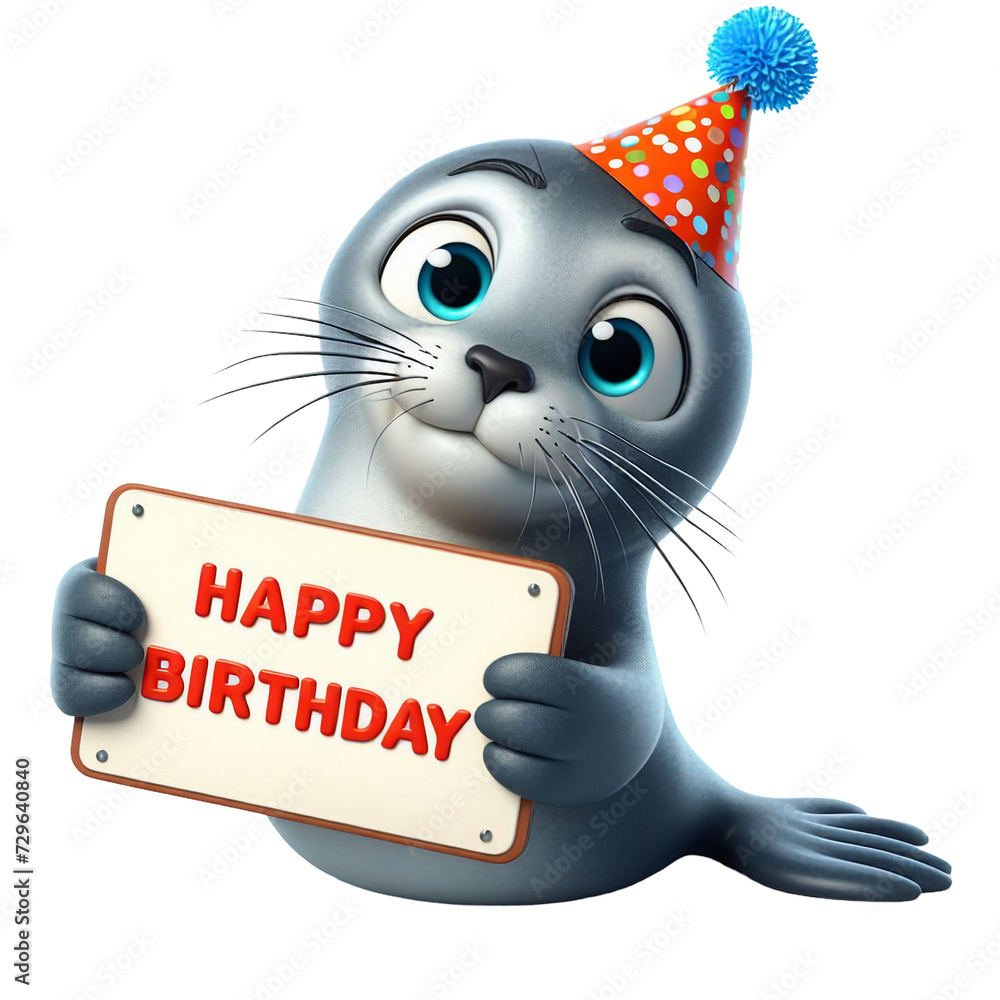 Cute Animal 3D Seal Holding 'Happy Birthday' Board and Wearing Party ...