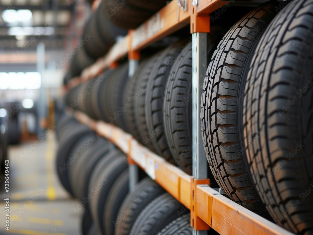 New tires stacked in row on storage racks in car repair shop. Car ...