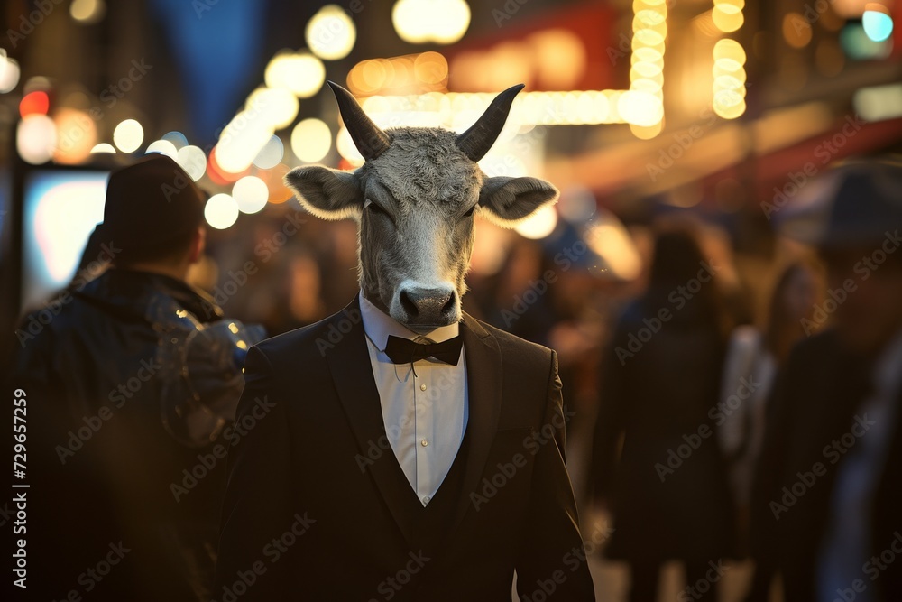 A lone man, donning a cow head atop his suit, stands confidently amidst ...