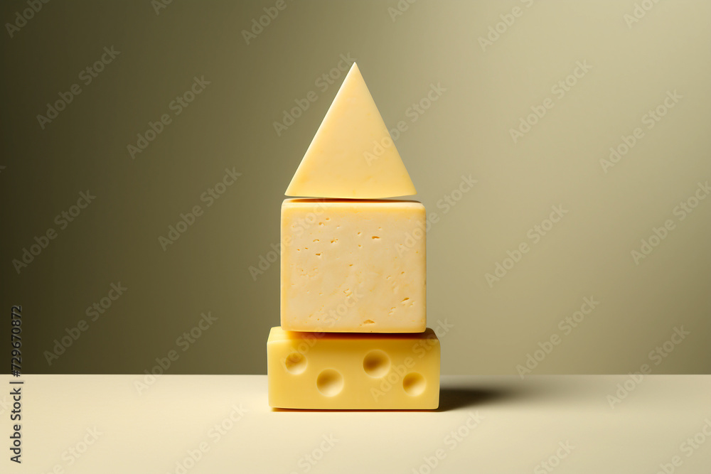 Various cheeses stacked in a pyramid, dark green or olive background ...