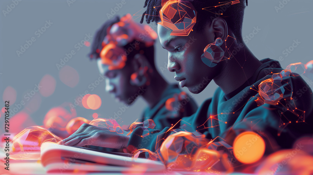 Conceptual poster on education in the future. black students in futuristic sci-fi school ...