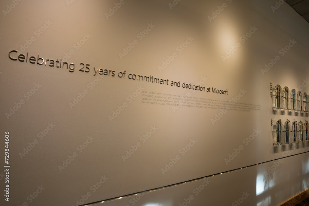 Redmond, WA, USA - Jan 15, 2024: A display on the wall in the Microsoft ...