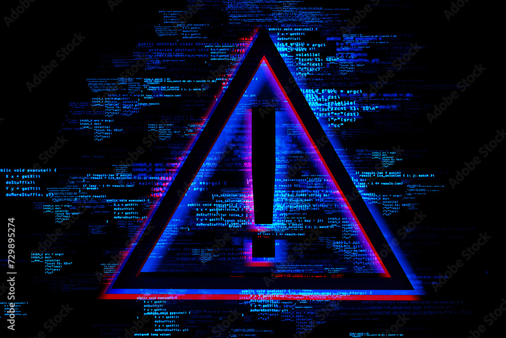Neon triangle with exclamation point and coding script with a digital ...