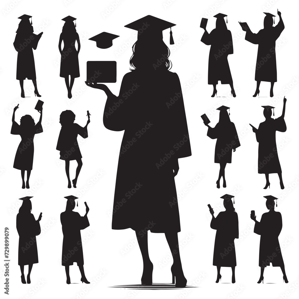 Person in graduation cap and gown.Silhouette Graduates wear a black hat ...