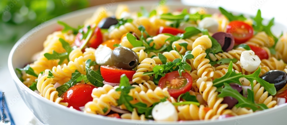 Cold Italian pasta salad made with fusilli, tomato, mozzarella, olive ...