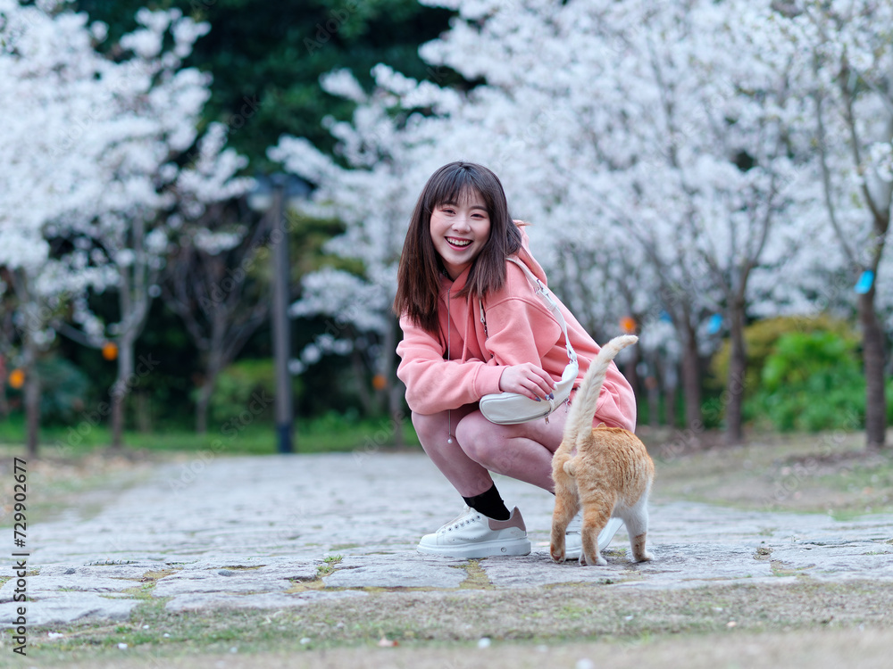 Beautiful young Chinese woman playing with homeless ginger tabby cat ...