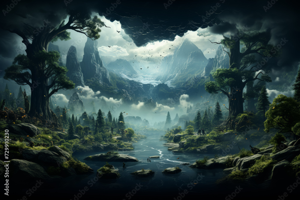 A photograph capturing a surreal, inverted world where trees extend ...